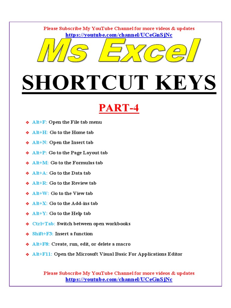 Shortcut Keys: PART-4 | PDF | Microsoft Excel | Application Software