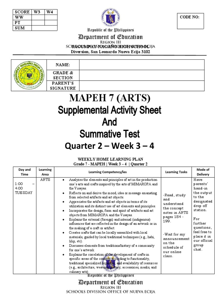 Mapeh 7 (Arts) : Supplemental Activity Sheet and Summative Test | PDF