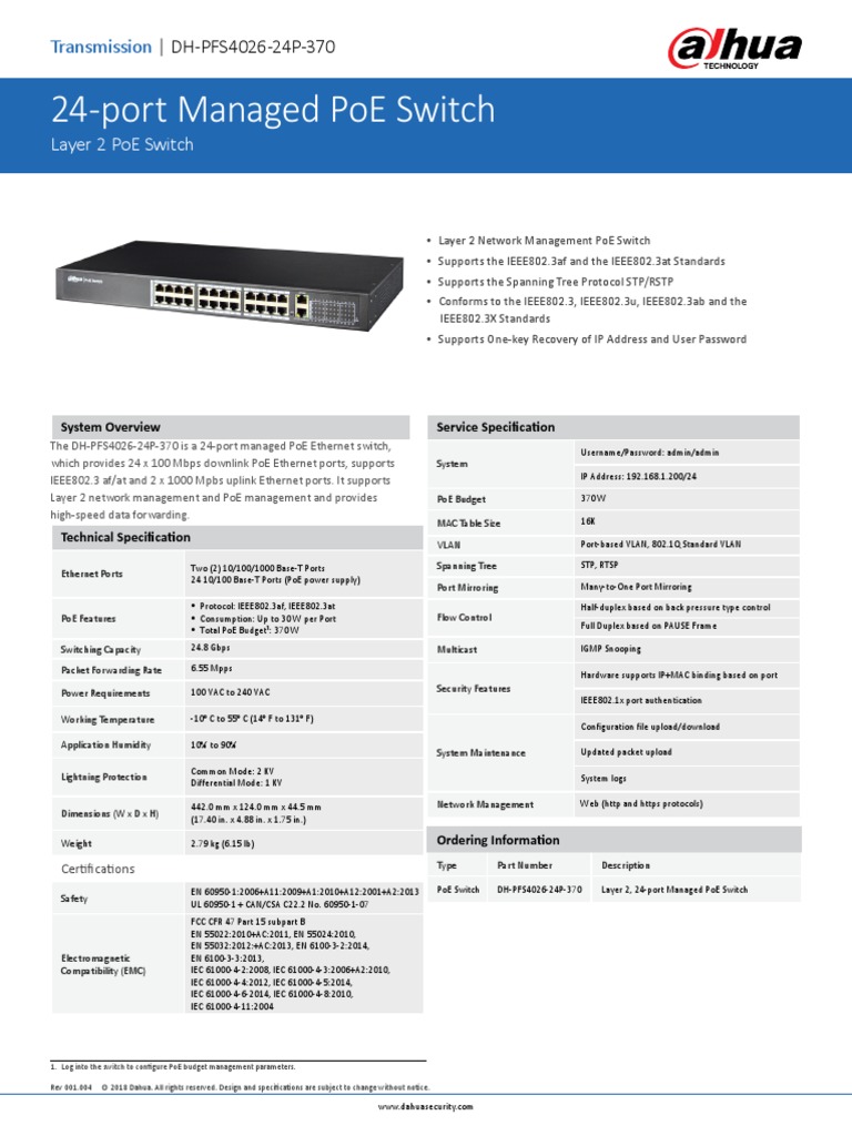 Datasheet Transmission 4 Port PoE Managed Switch DH-PFS4026-24P-370 ...