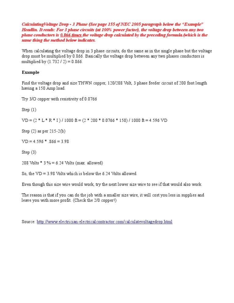 Calculating Voltage Drop - 3 Phase | PDF