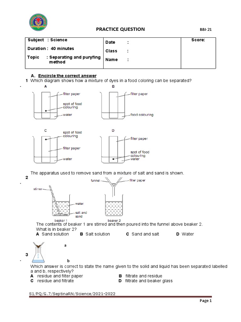 Practice Question Separating and Purifying Mixture | PDF | Filtration ...