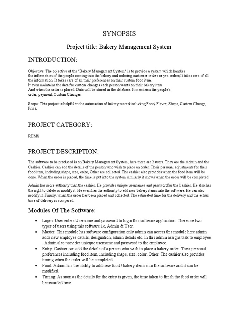 Synopsis: Project Title: Bakery Management System | PDF | Databases | User (Computing)