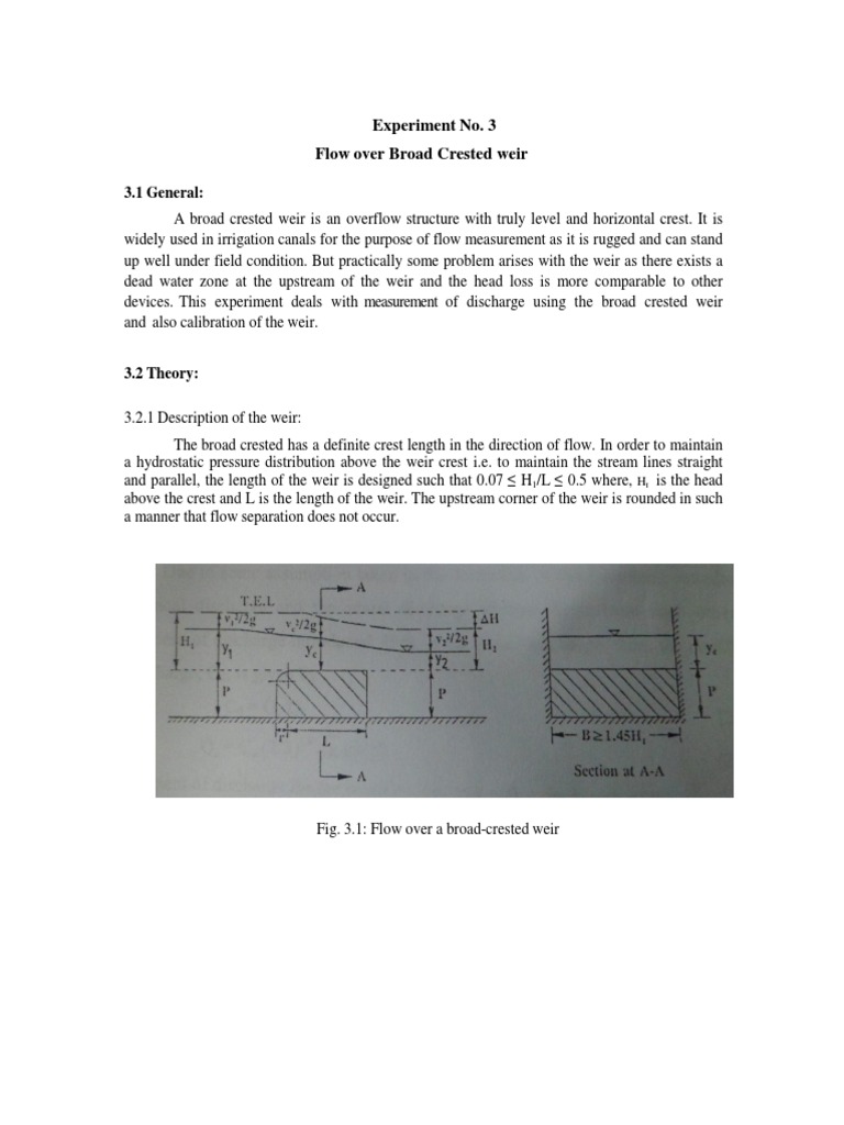 Experiment No. 3 Flow Over Broad Crested Weir: 3.1 General | PDF ...
