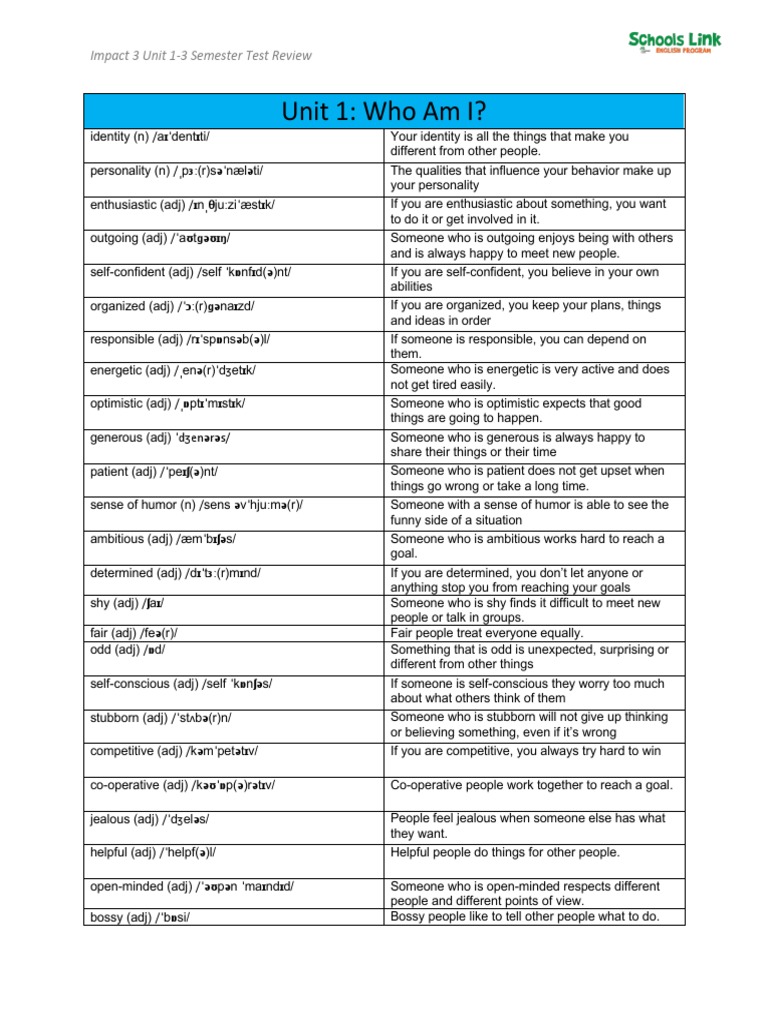 Unit 1: Who Am I?: Impact 3 Unit 1-3 Semester Test Review | PDF | Herd ...