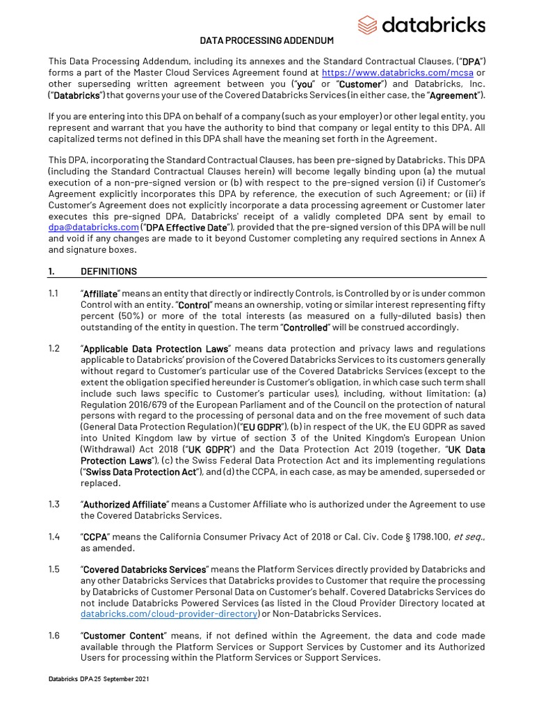 Databricks Data Processing Addendum | PDF | Information Privacy | Encryption
