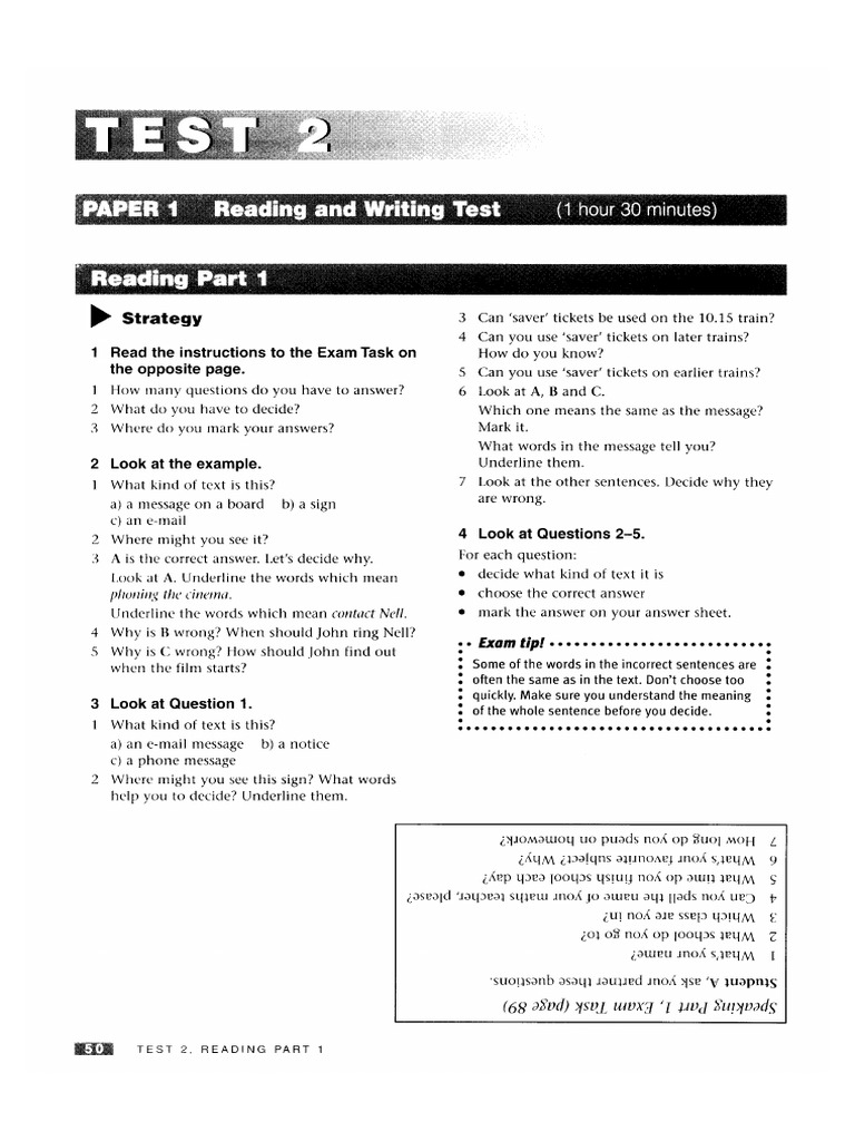 PET Practice Test Plus 1 - Test 2 Reading | PDF | English Language | Phrase