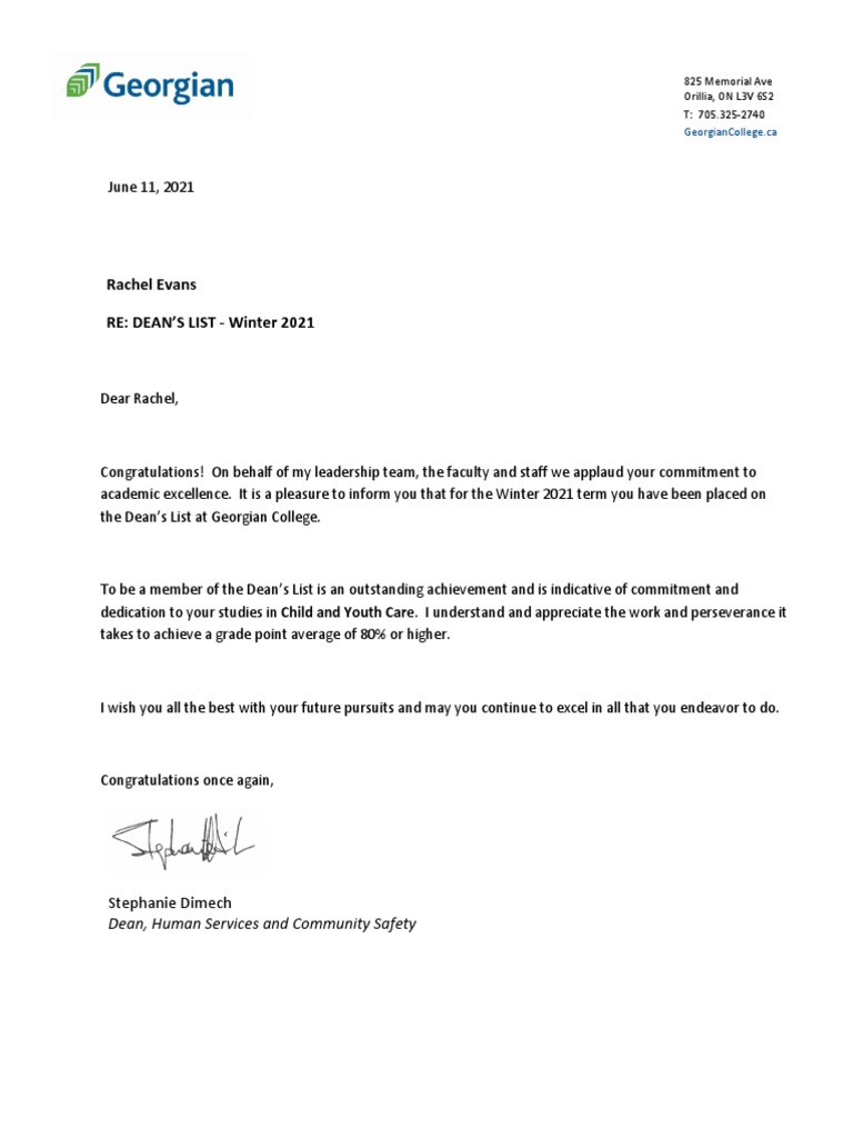 Rachel Evans RE: DEAN'S LIST Winter 2021: Stephanie Dimech | PDF