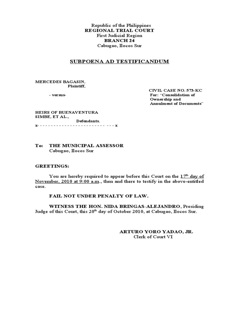 Subpoena Ad Testificandum Samples | PDF | Subpoena | Lawsuit
