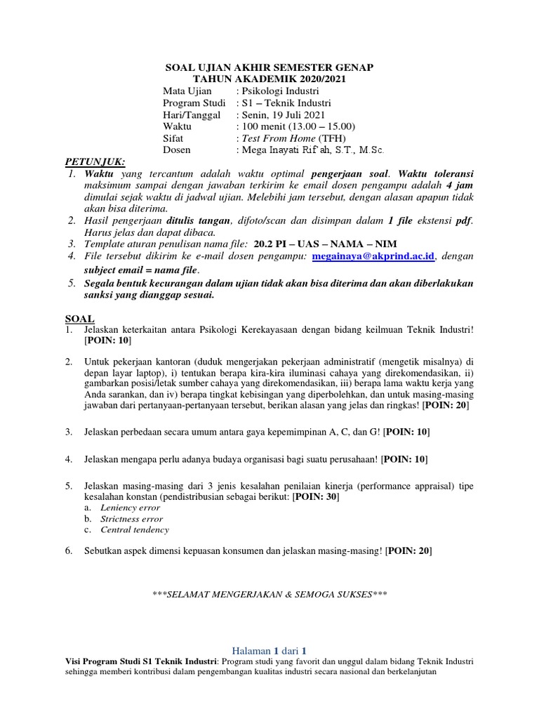 20.2 Soal UAS S1 - Psikologi Industri | PDF