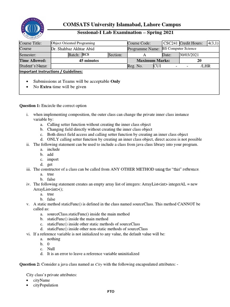 COMSATS University Islamabad, Lahore Campus Sessional-I Lab Examination - Spring 2021 | PDF ...