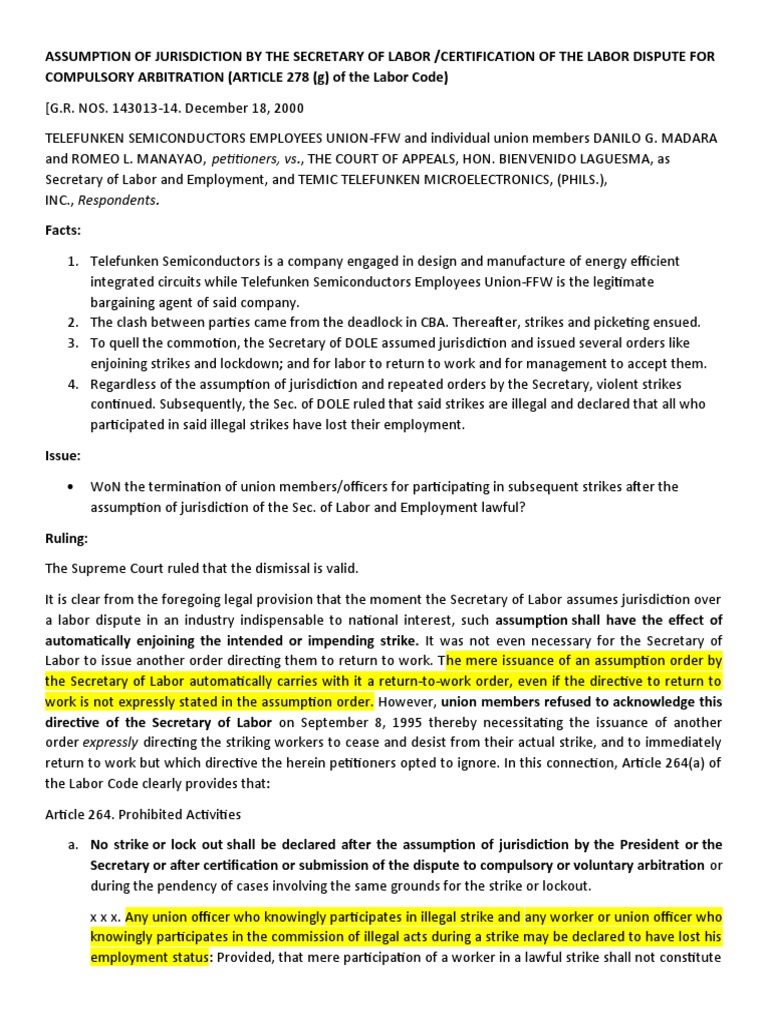 Telefunken Semiconductors Employees Union - FFW vs. CA (348 SCRA 565 ...