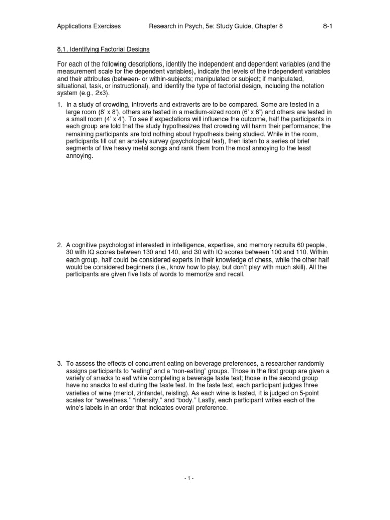 Factorial Designs Exercises and Key | PDF | Obedience (Human Behavior) | Relaxation (Psychology)