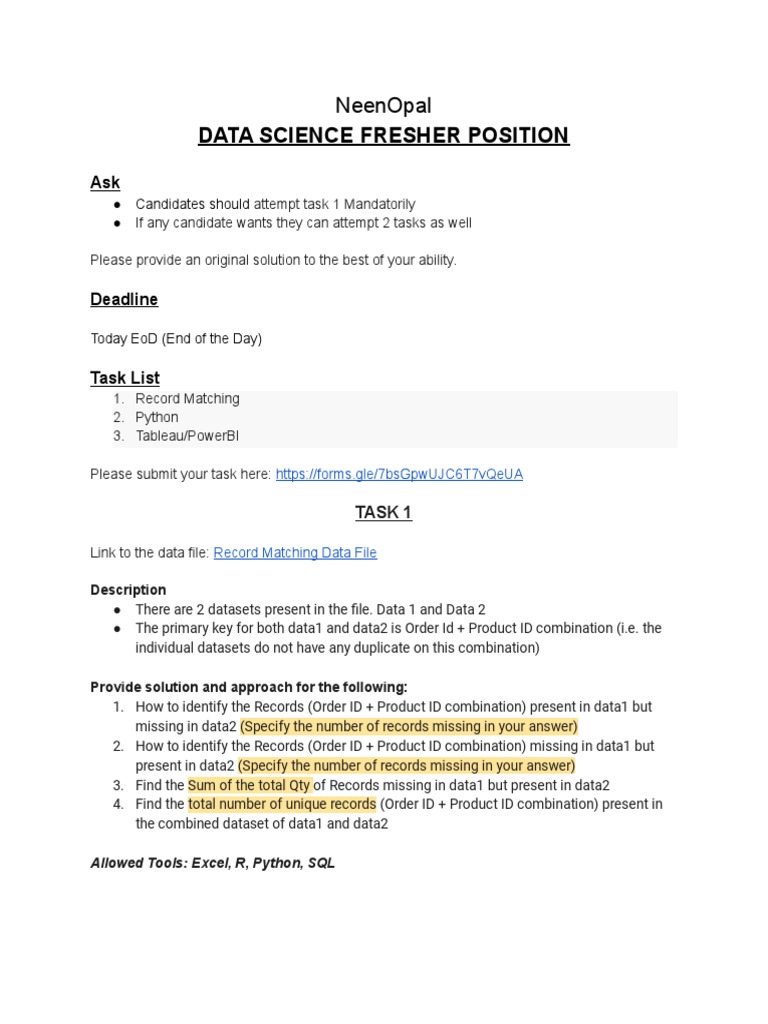 Tasks - Data Science Fresher Position @NeenOpal | PDF | Microsoft Excel | Database Index