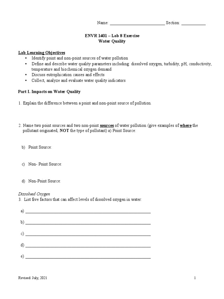 ENVR1401 Lab 8 Water Quality Exercise 2021 | PDF | Water Pollution ...