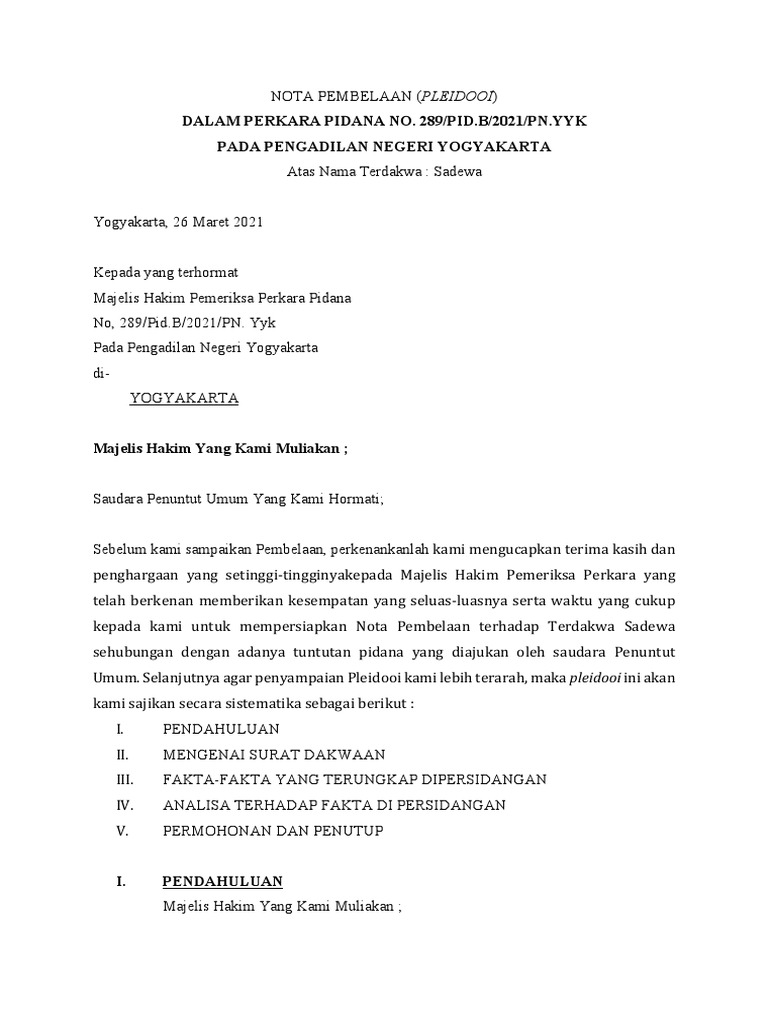 Nota Pembelaan | PDF | Pengelolaan Keuangan & Uang | Hukum