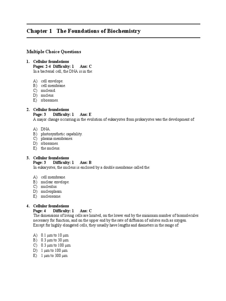 Chapter 1 The Foundations of Biochemistry: Multiple Choice Questions ...