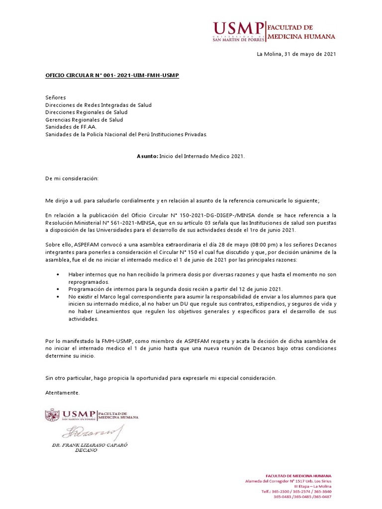 Oficio Circular 001 2021 - Sobre El Inicio Del Internado 2021 Propuesta | PDF