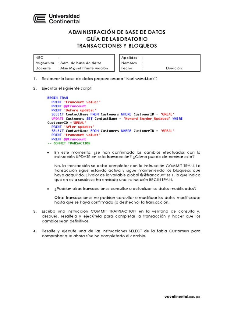 07 Guía de Laboratorio Transacciones | PDF | Datos | Programación de ...