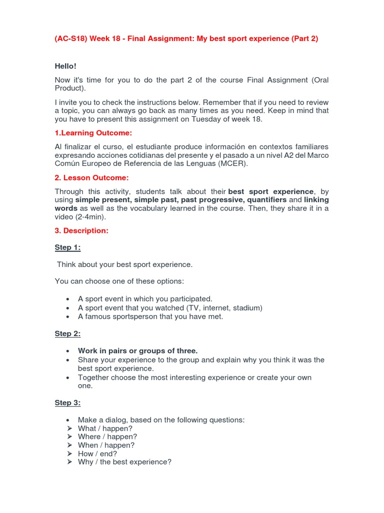 Best Sport Experience Assignment | PDF | Question | Learning