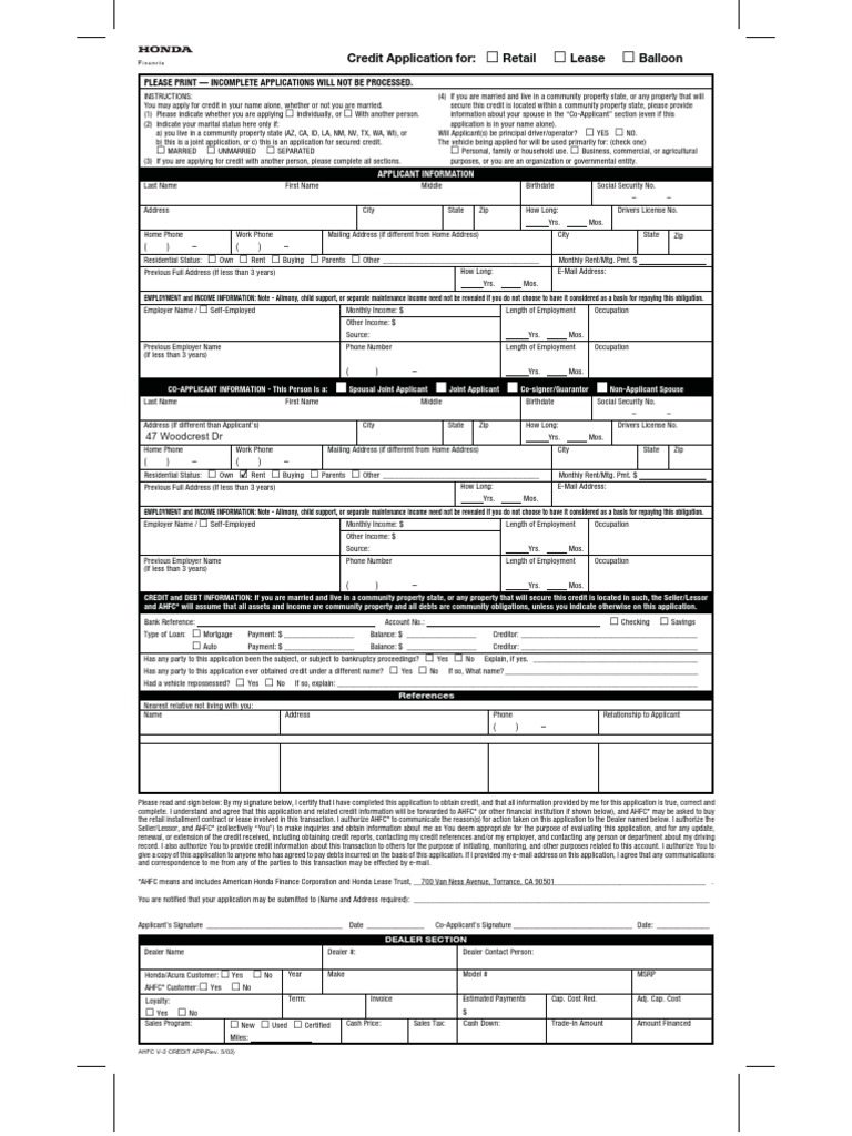 Credit App (Honda) | PDF | Credit | Finance & Money Management