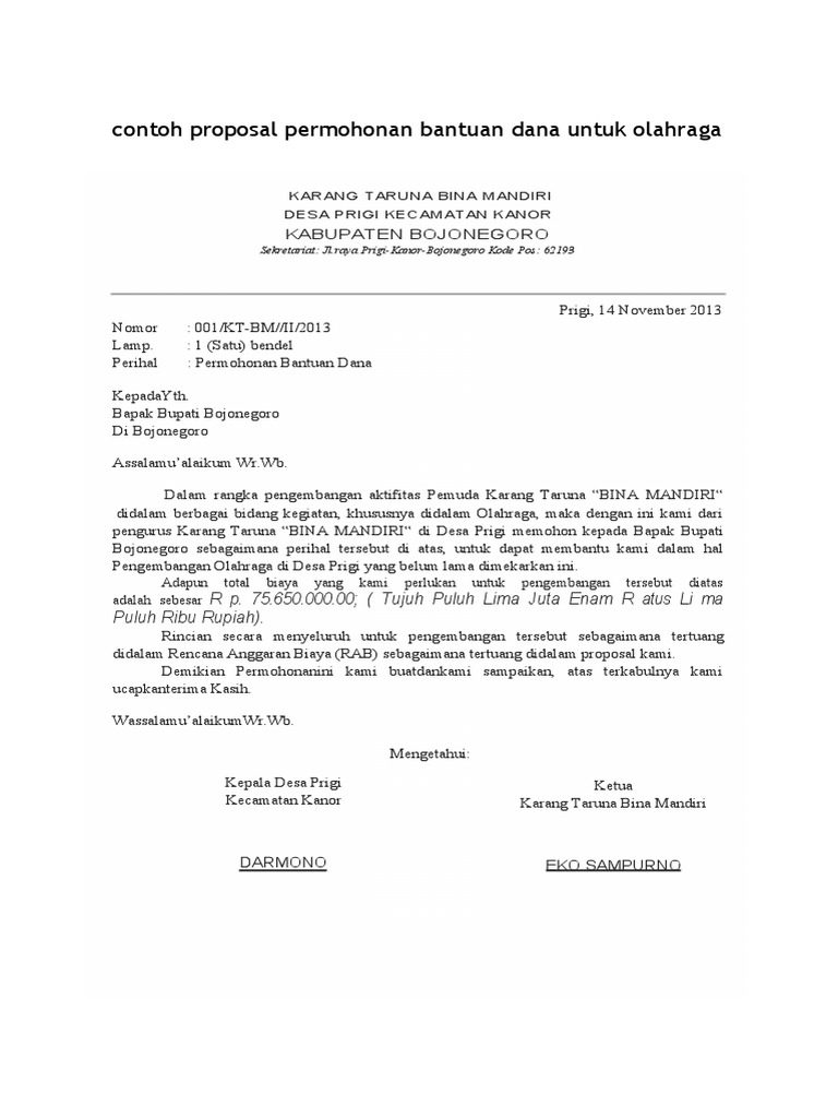 Contoh Proposal Permohonan Bantuan Dana Untuk Olahraga | PDF