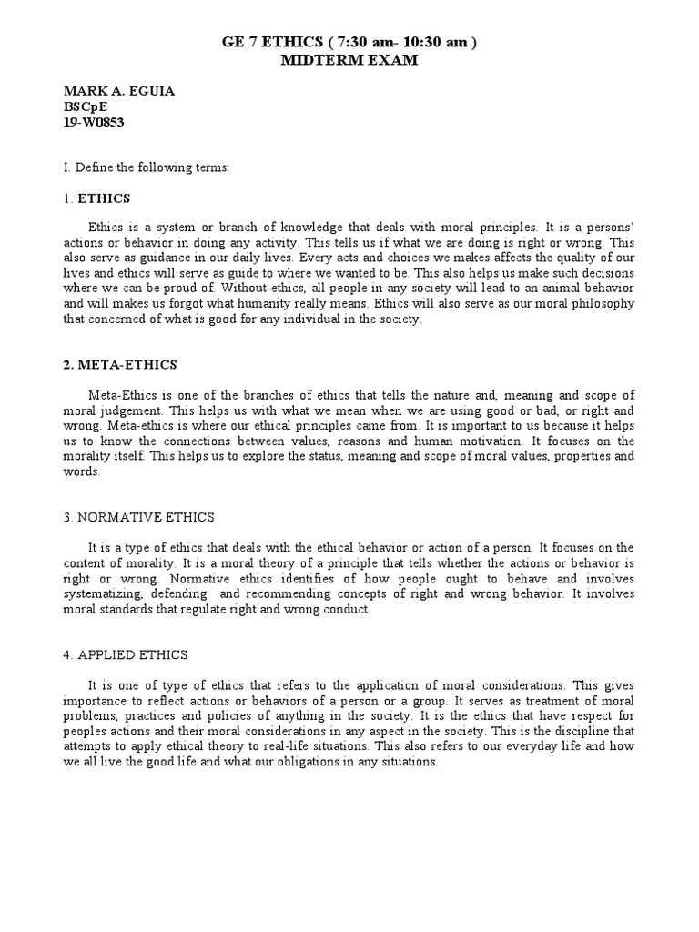Ge 7 Midterm Exam | PDF | Morality | Value (Ethics)