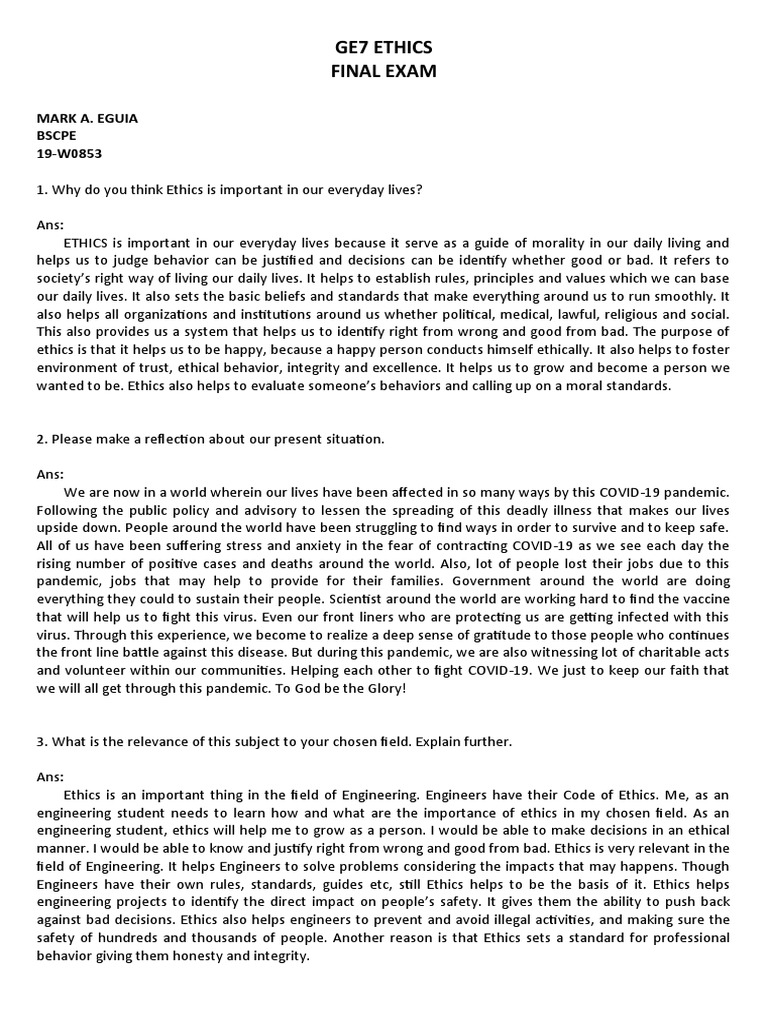 GE7 ETHICS - Final Exam | PDF | Integrity | Applied Ethics