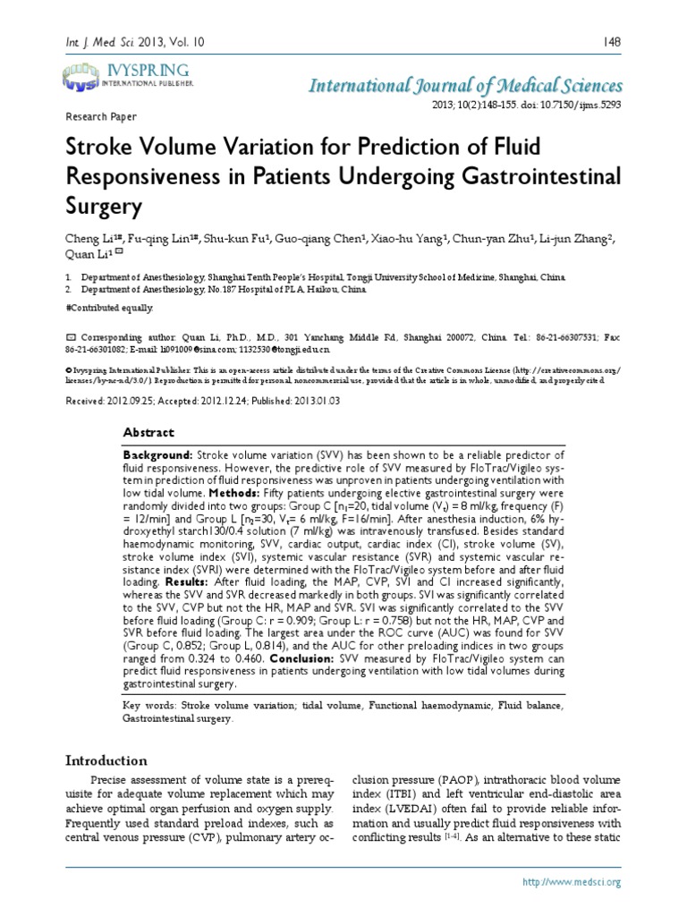 Stroke Volume Variation For Prediction of Fluid Responsiveness in ...