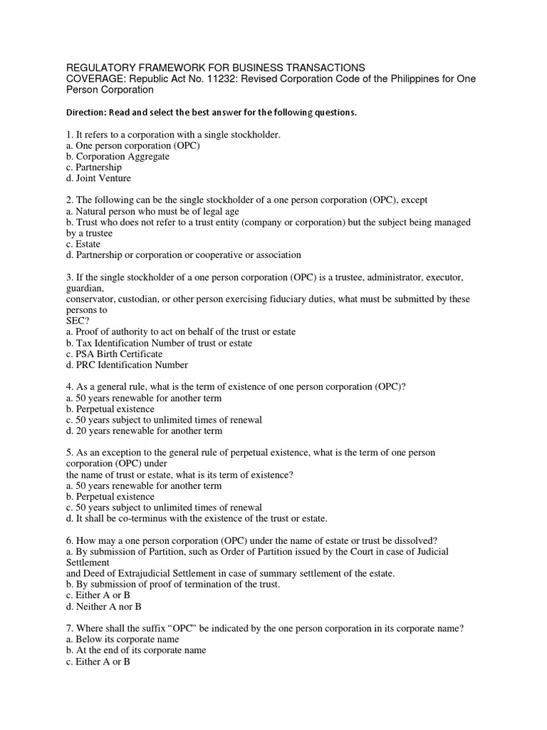 One Person Corporation | PDF | Corporations | Joint Stock Company