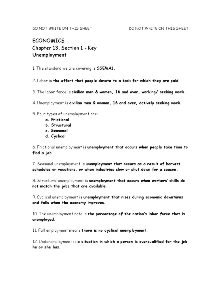 Economics Chapter 13, Section 1 - Key Unemployment: Do Not Write On ...