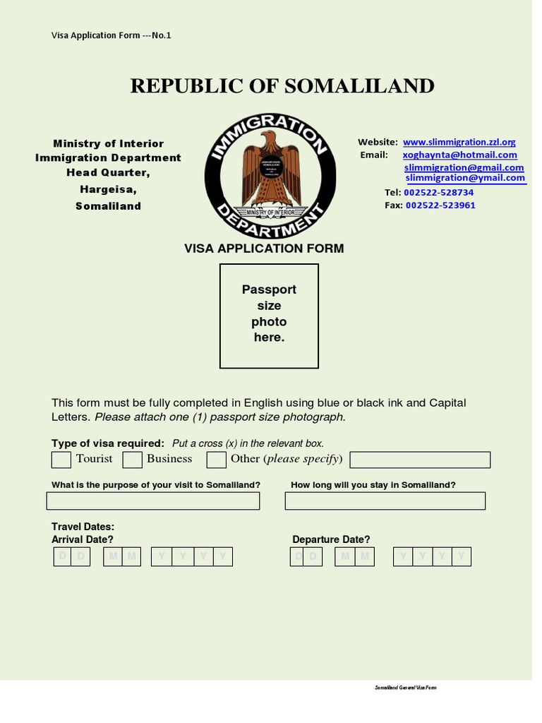 Republic of Somaliland: Visa Application Form | PDF | Travel Visa ...