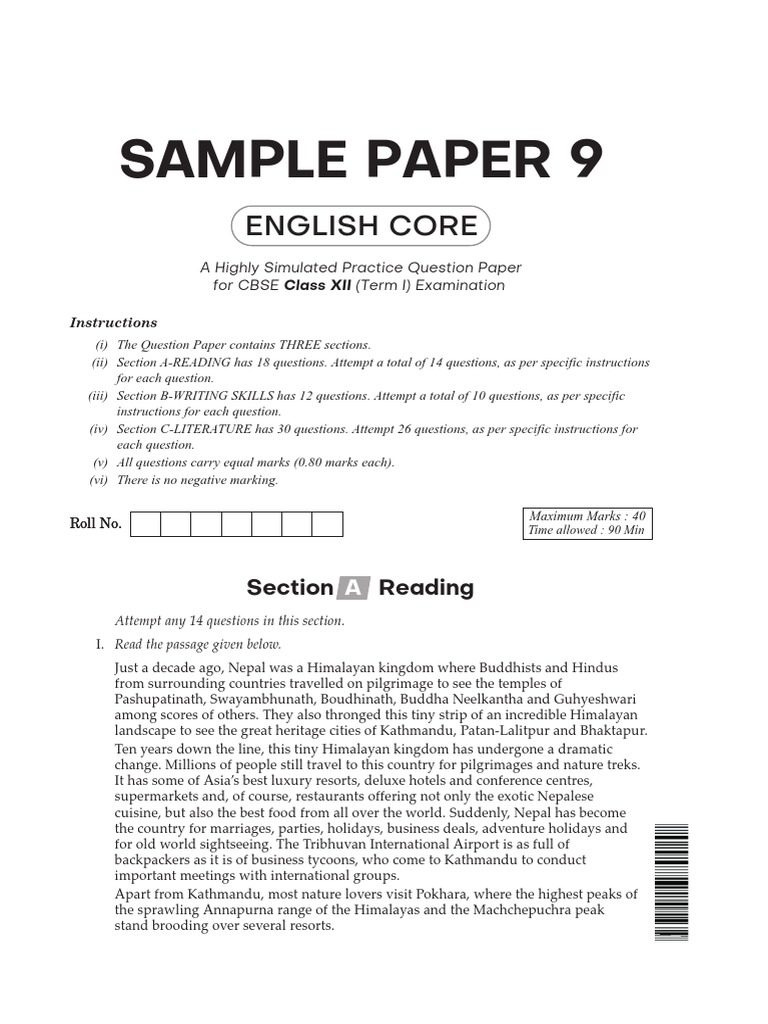 CBSE Sample Paper English Core Class XII (Term I) - Top 14 Questions ...