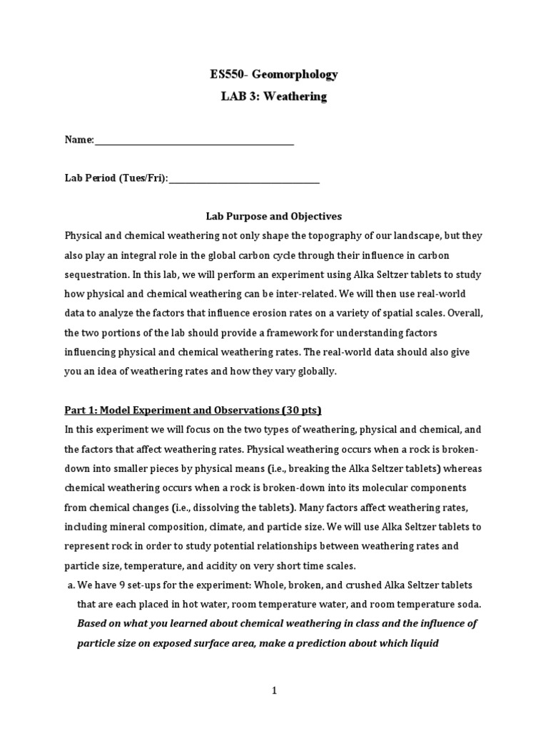 ES550-Geomorphology LAB 3: Weathering: Name | PDF | Solubility | Weathering