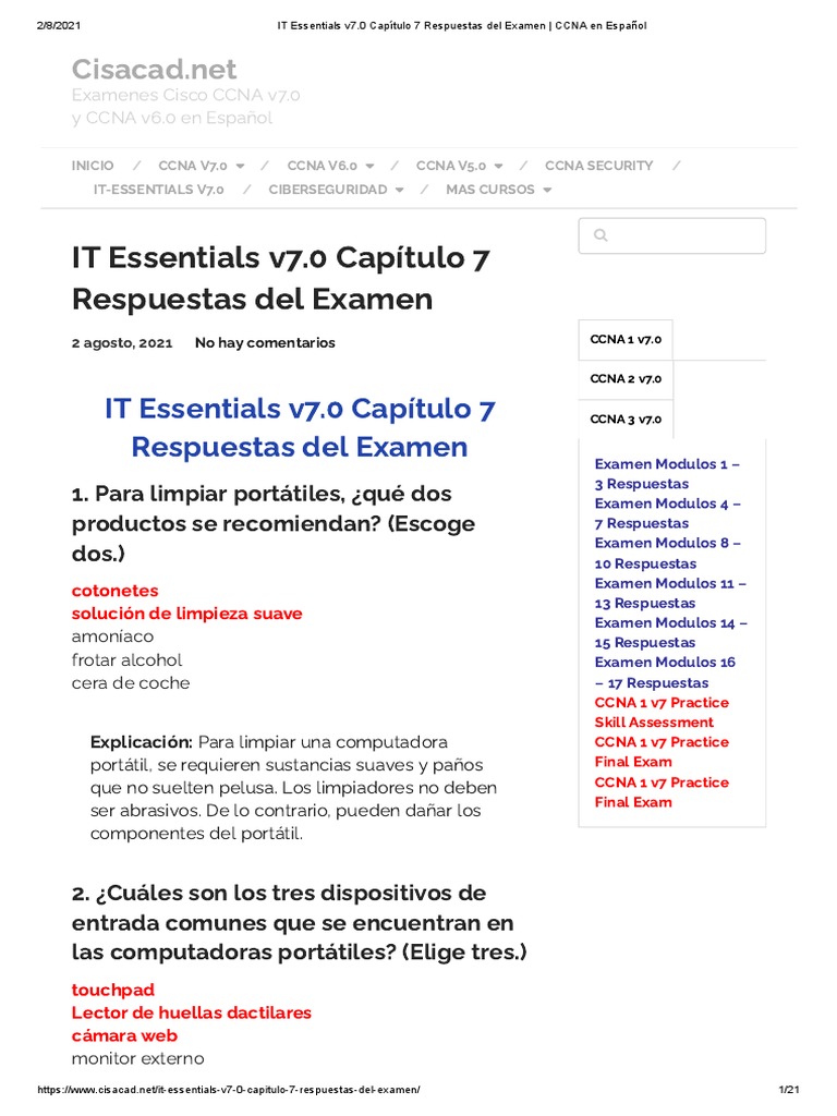 IT Essentials v7.0 Capítulo 7 Respuestas Del Examen | PDF | Teléfonos ...