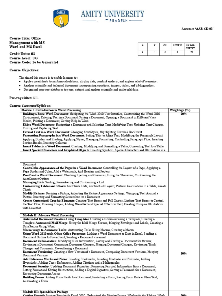 Office Management and Ms Office Syllabus | PDF | Microsoft Excel | Microsoft Word