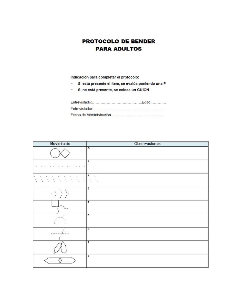 Protocolo de Bender para Adultos 2018 | PDF