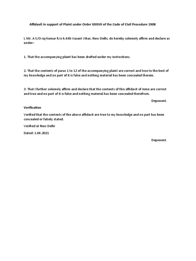 Affidavit for Plaint Under CPC Order XXXVII | PDF | Social Science