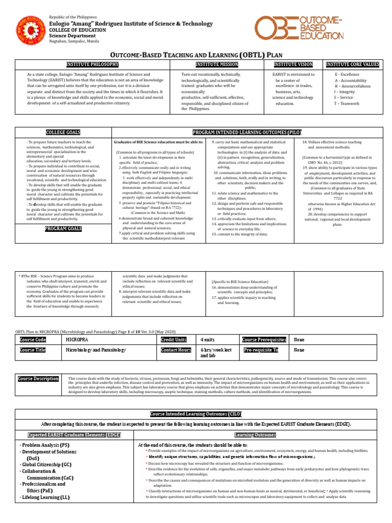 OBTL Plan Template MicroParasitology 1 | PDF | Immune System | Infection