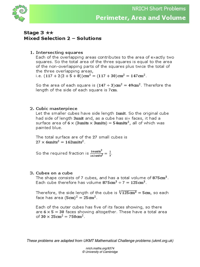 Perimeter, Area and Volume - Stage 3 - 2 Star - Ws 2 - Solutions | PDF ...