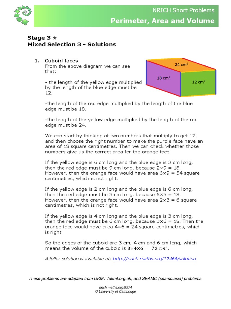 Perimeter, Area and Volume: Stage 3 Mixed Selection 3 - Solutions | PDF ...