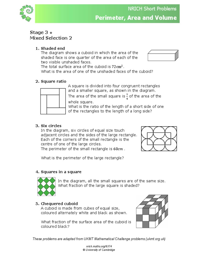 Perimeter Area Volume 3 Sheet 2 Star 1 Questions | PDF