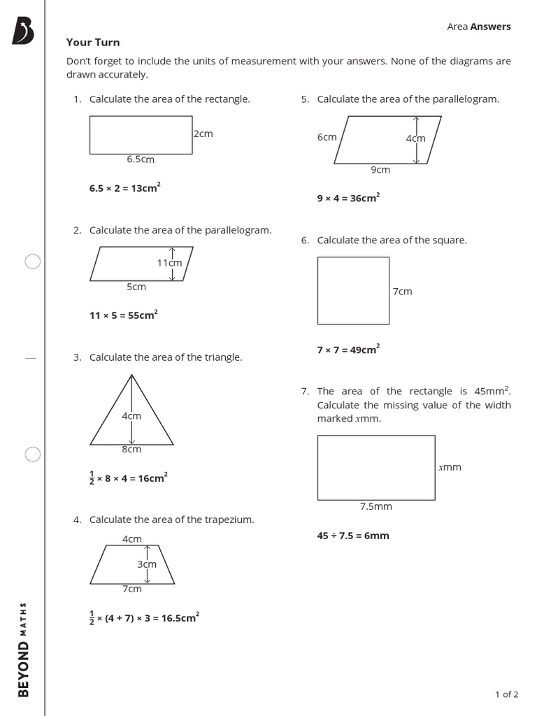 Worked Solutions for Calculating Areas of 2D Shapes | PDF | Area | Length
