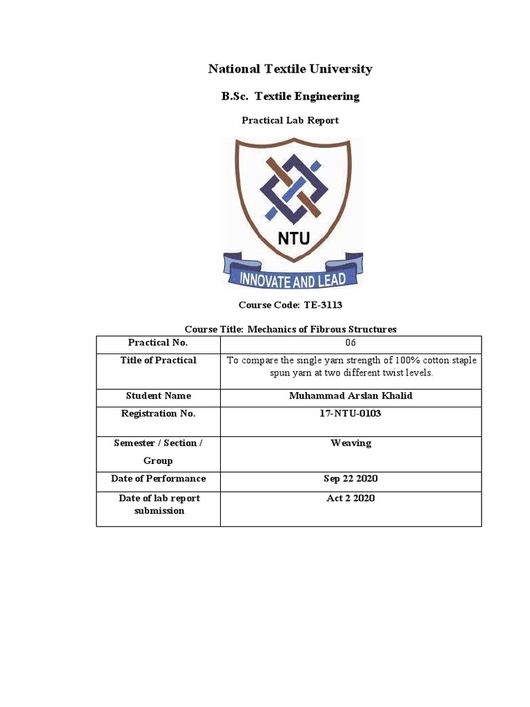06 Compare The Single Yarn Strength of 100% Cotton Staple Spun Yarn at ...
