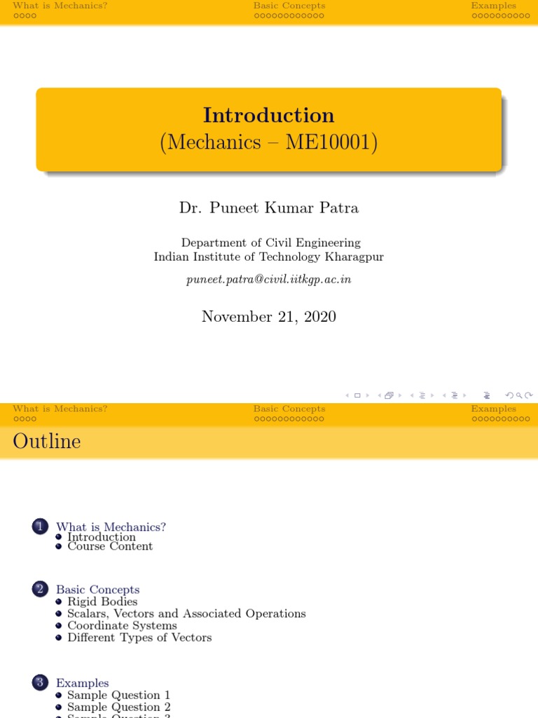 (Mechanics - ME10001) : Dr. Puneet Kumar Patra | PDF | Coordinate System | Mechanics