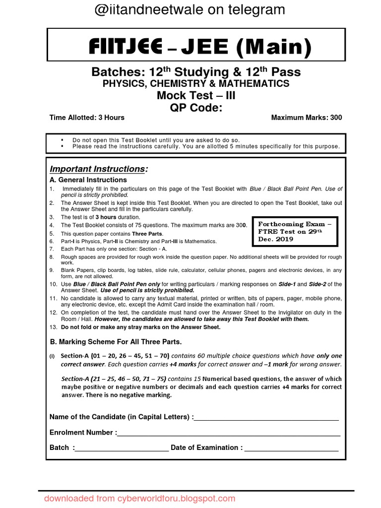 Fiitjee - Jee (Main) 3 | PDF | Electronvolt | Photon