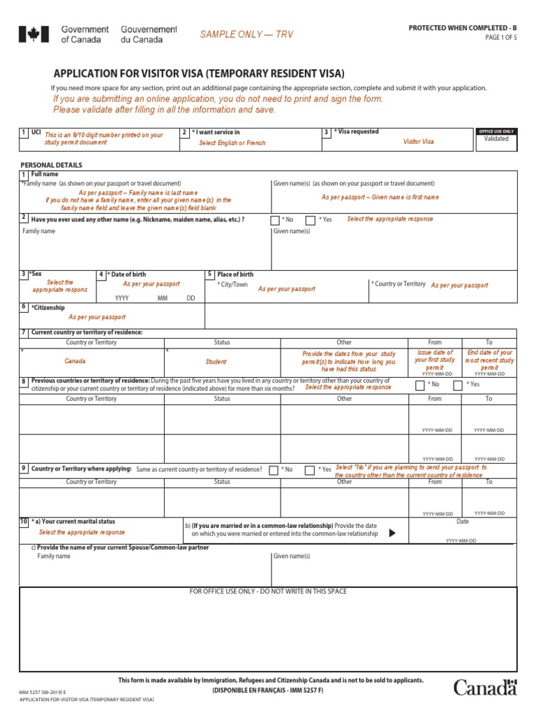 Application For Visitor Visa (Temporary Resident Visa) : Sample Only ...
