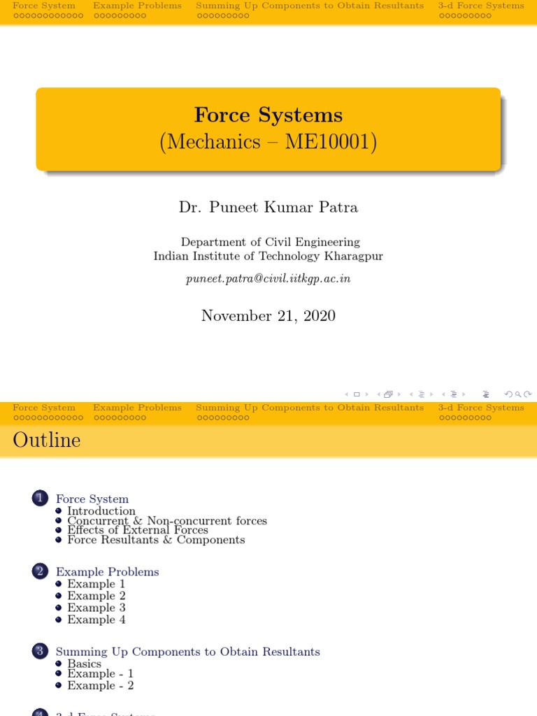 Force Systems (Mechanics - ME10001) : Dr. Puneet Kumar Patra | PDF | Euclidean Vector | Force