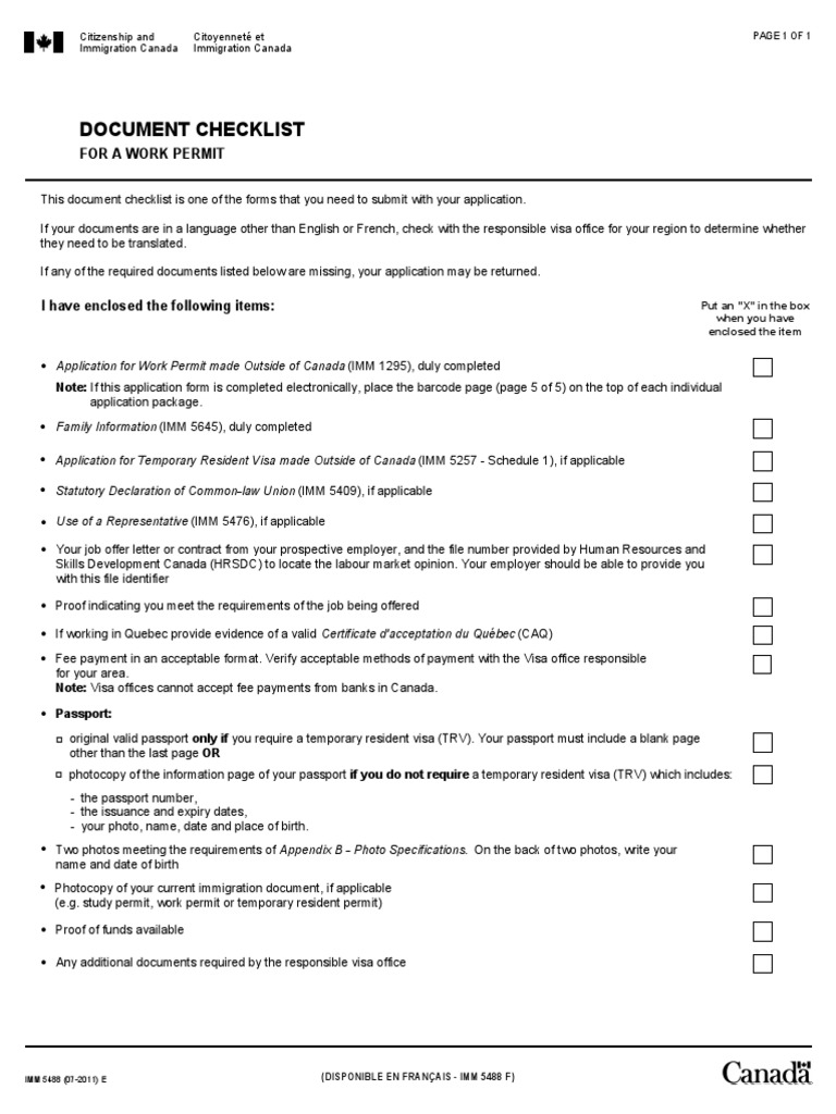 6-IMM-5488 Document Checklist For Canadian Work Permit | PDF | Travel ...