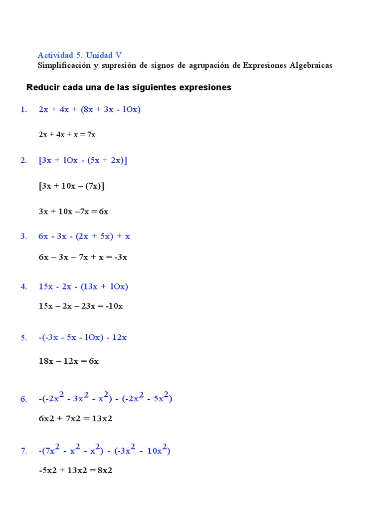Simplificación de Expresiones Algebraicas | PDF | Métodos y materiales ...