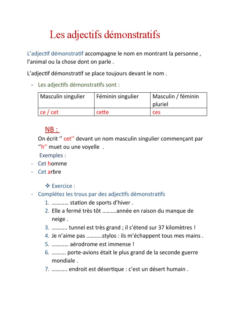 Les Adjectifs Démonstratifs | PDF